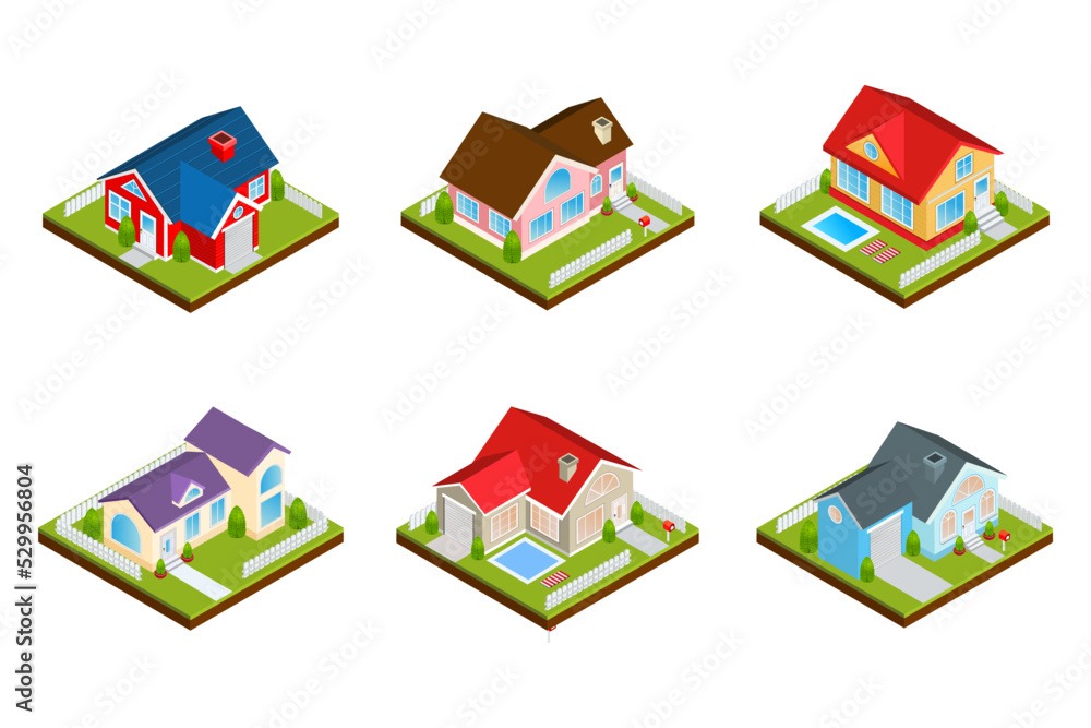Isometric design of a private house. Isometric buildings set. Vector ...