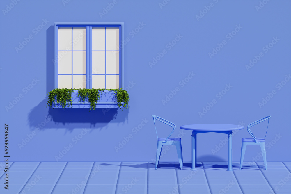 Exterior of outdoor cafe with pastel blue color. The shop has window ...