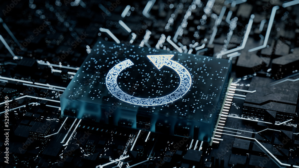 Reload Technology Concept with refresh symbol on a Microchip. Data ...