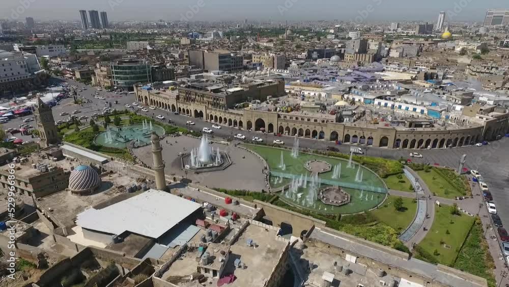 An aerial shot of the city of Erbil showing the ancient Erbil Citadel ...