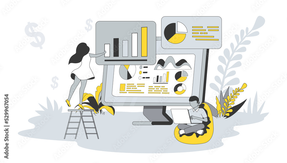 Economic concept in flat design with people. Woman and man analyzing ...