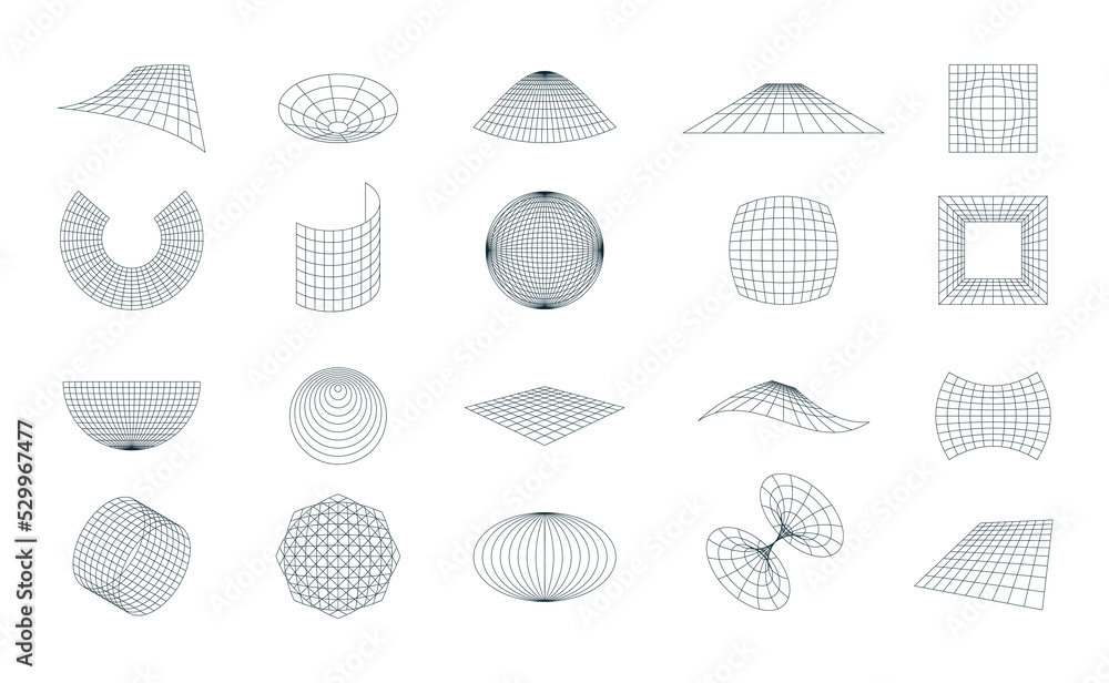 Futuristic grid collection. Geometric wireframe line shapes retro 80s ...
