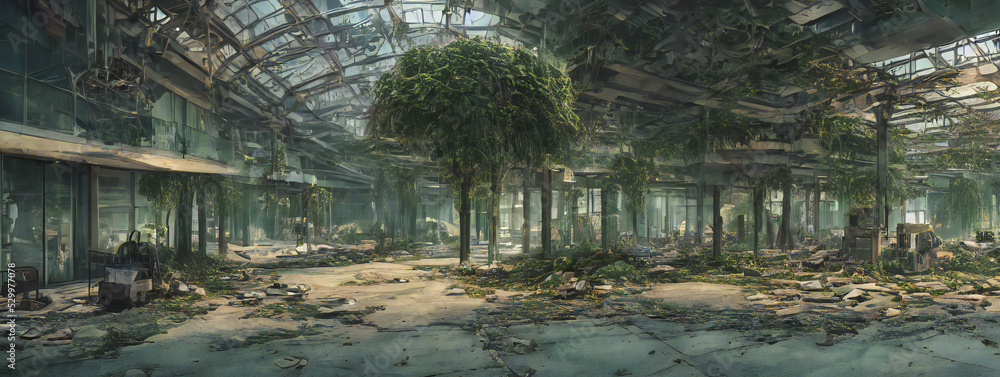 post apocalyptic shopping mall, dystopic overgrown ruin, banner format ...