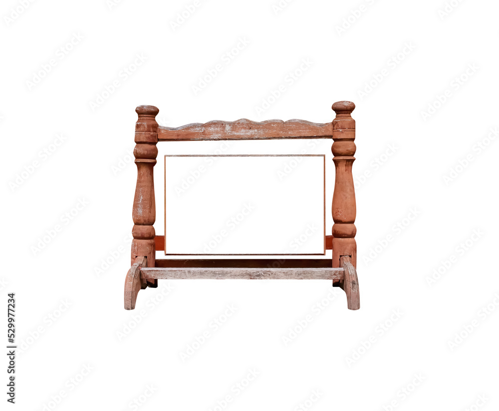 Wood frame old blank sign and pole with stand structure isolated on ...