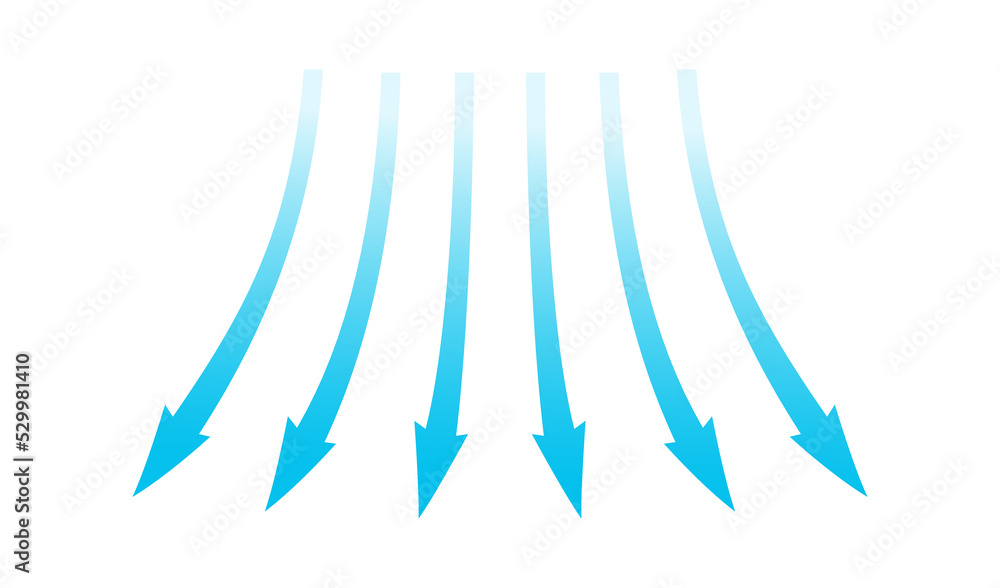 Air flow. Blue arrows showing direction of air movement. Wind direction arrows. Blue cold fresh ...