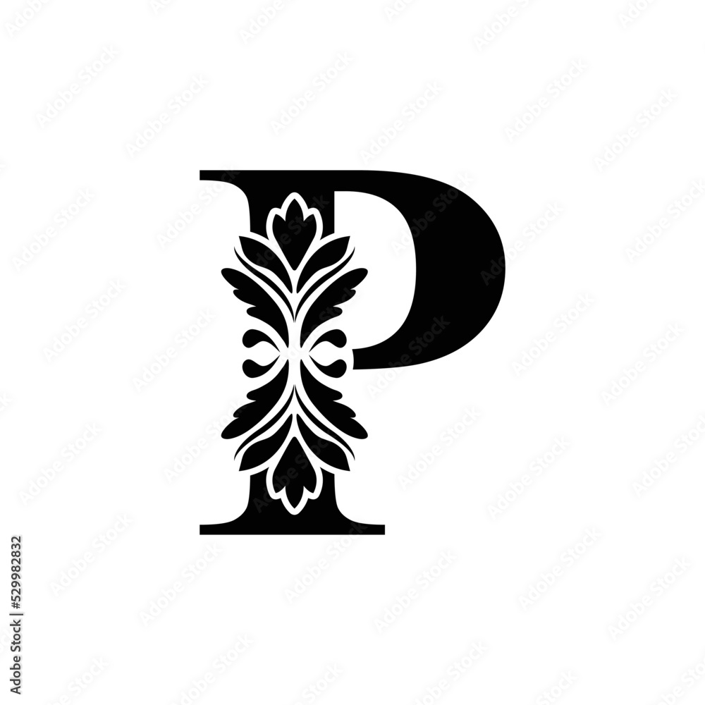 letter P Black flower alphabet. Beautiful capital letters with shadow ...
