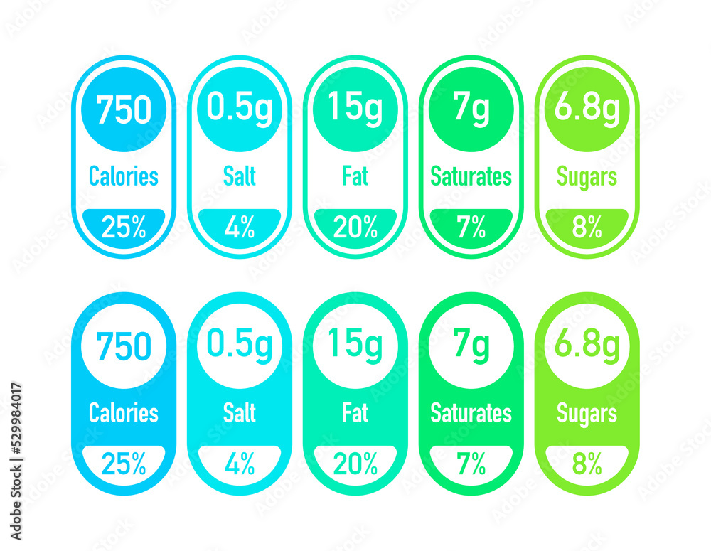 ภาพประกอบสต็อก Nutrition facts vector package labels with calories and ...