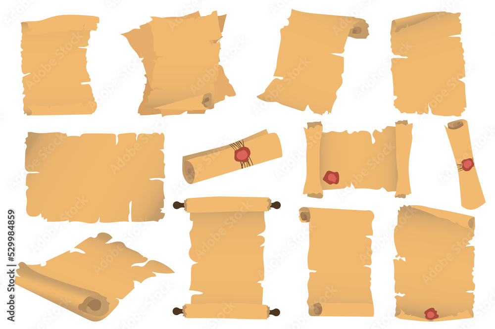 Papyrus and parchment different shapes set isolated elements. Bundle of ...