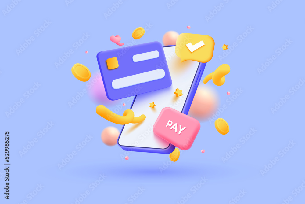 3d pay with mobile phone, banking online payments icon concept. Pay button on smartphone ...