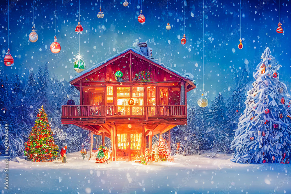 3d Illustration Of A Christmas Tree House With Ornaments And Colored