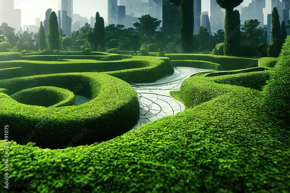 labyrinth in a beautiful lush nature environment, zen garden in the ...