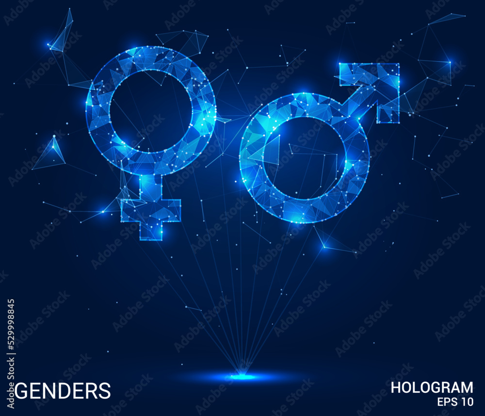 Hologram gender signs. Gender signs made of polygons, triangles of dots ...