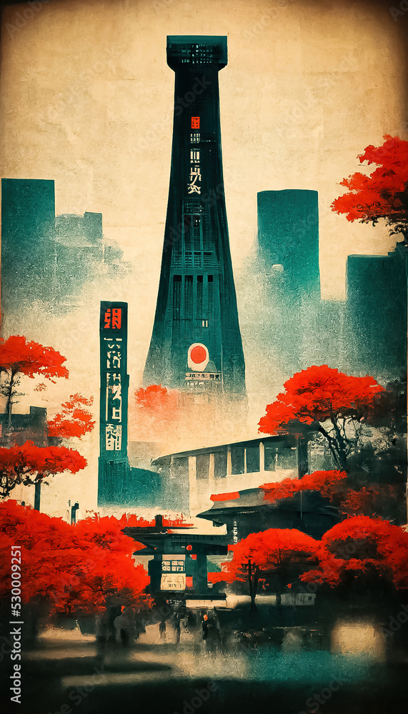 Vintage poster on Japan, its architecture, its cities and its red ...