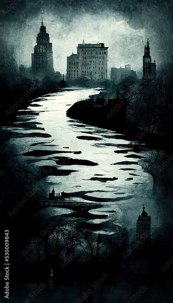 Vintage and mysterious poster with a night city and a gloomy river, for ...