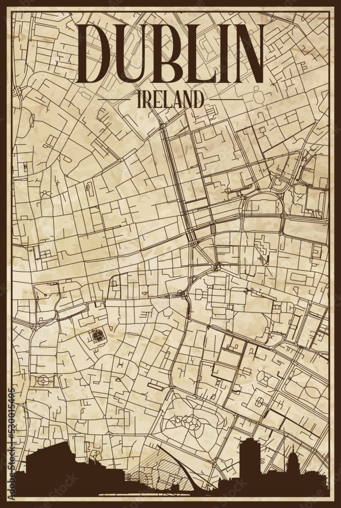 Black printout streets network map with city skyline of the downtown ...