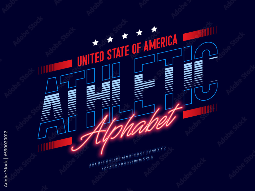 sports style alphabet design with uppercase, numbers and symbols Stock ...