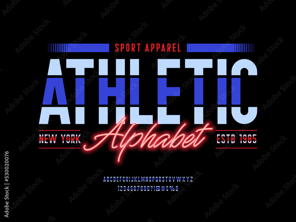 sports style alphabet design with uppercase, numbers and symbols Stock ...
