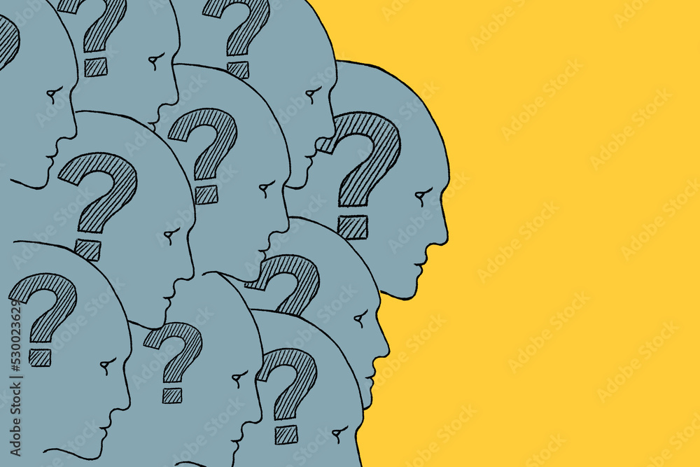 Human faces with question marks inside. Illustration on yellow ...