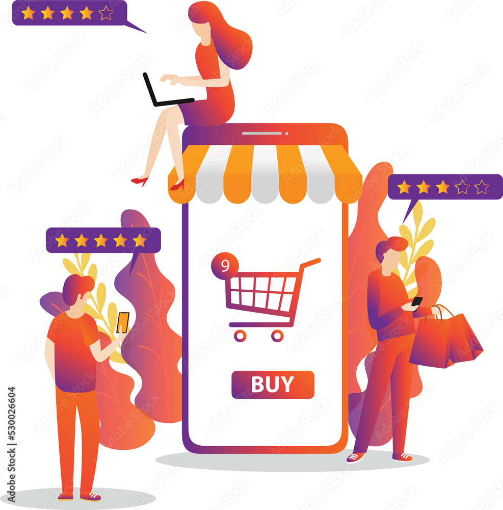 Man and woman put stars raiting. Mobile Pay, Payment of Goods Using App ...