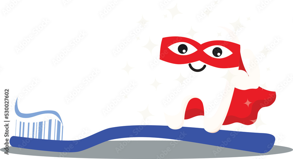 Cartoon tooth with toothbrush wearing a red cloak. Super power of ...