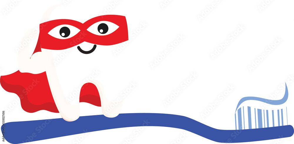 Cartoon tooth with toothbrush wearing a red cloak. Super power of ...