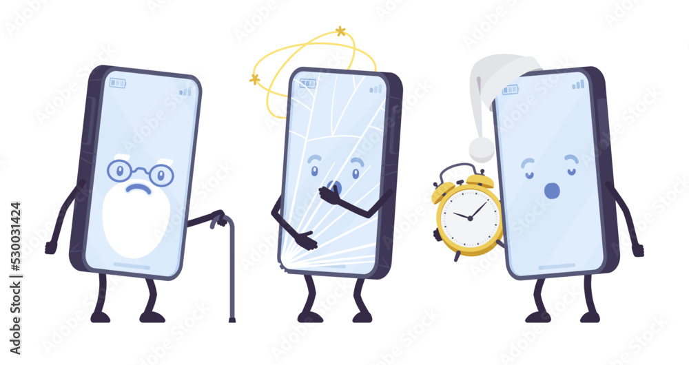 Smartphone cartoon character set, old, broken, alarm. Old-fashioned ...