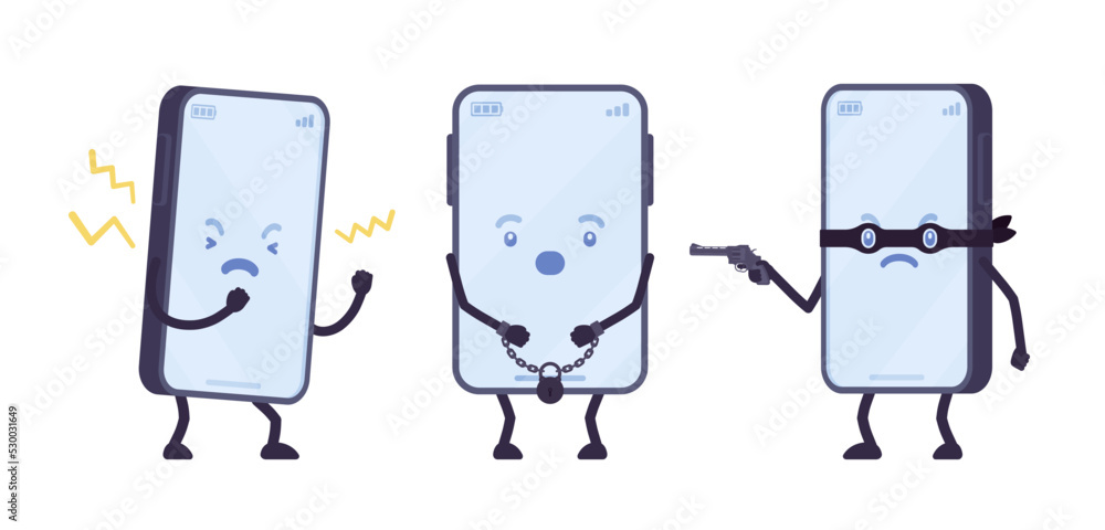 Smartphone cartoon character set, vibration, blocked, crime. Annoying ...
