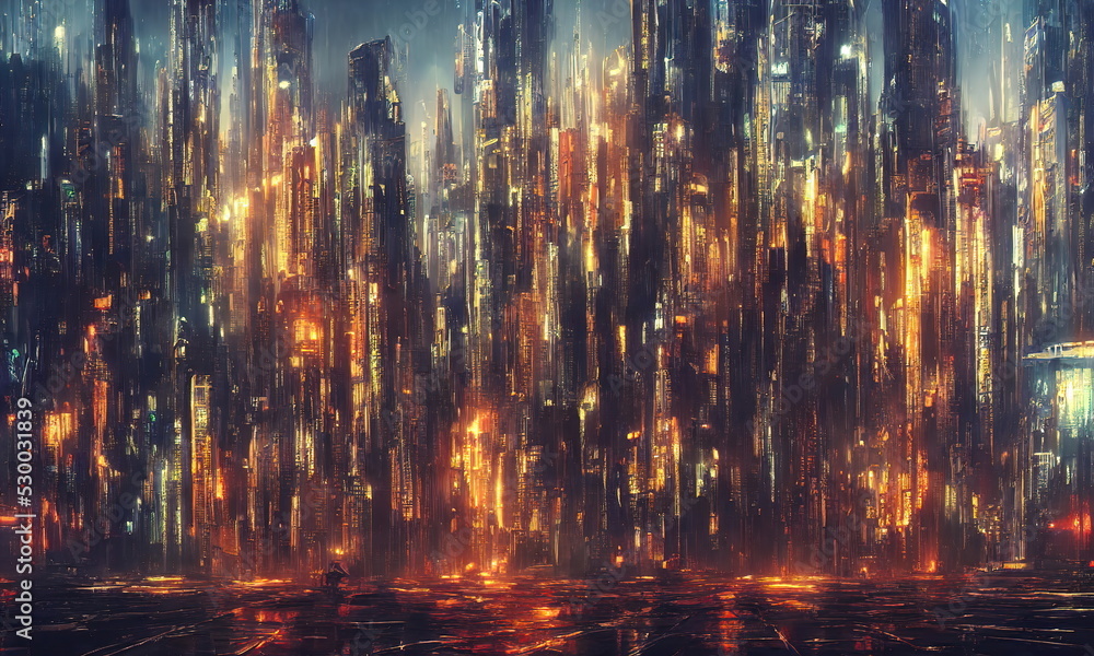 Cyberpunk city background. Bright glowing houses are skyscrapers of a ...