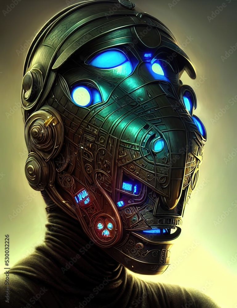 Gasmask steampunk portrait of a robot, cyborg in a cyberpunk mask. A ...