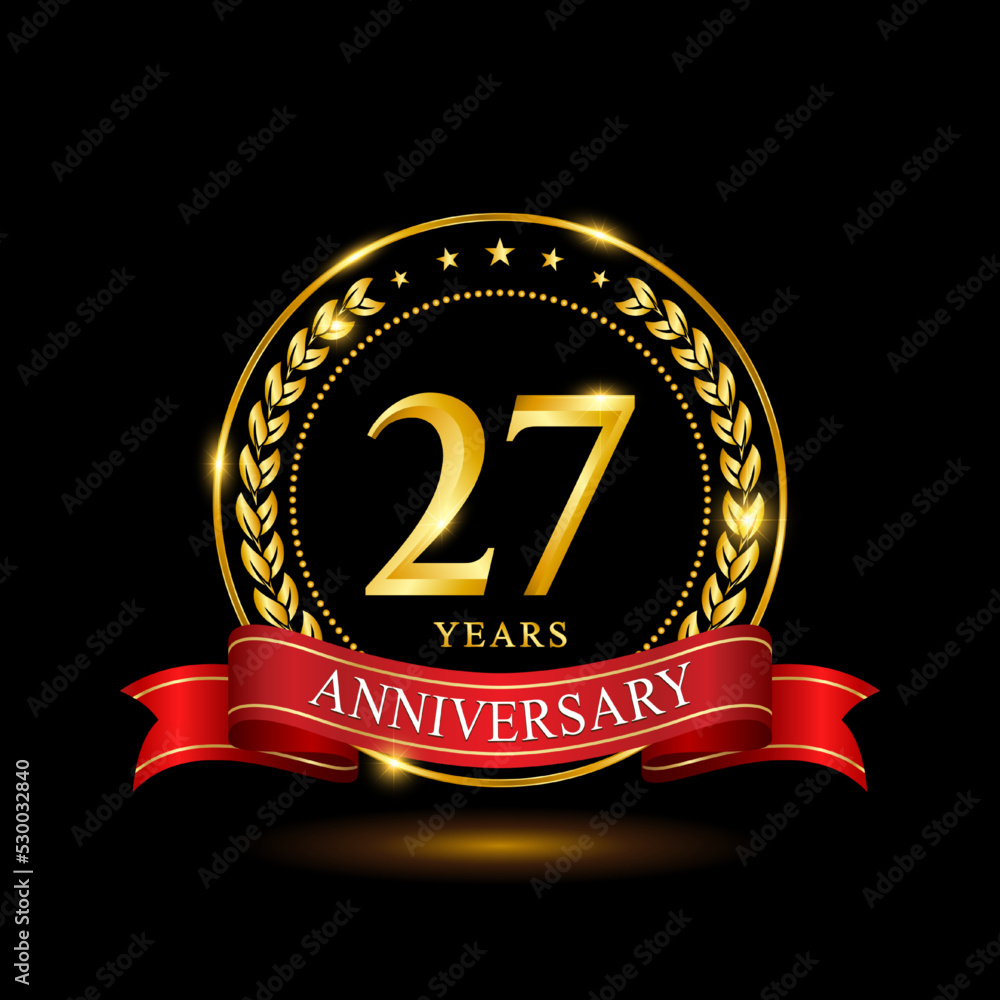27 Years Anniversary template design, with shiny ring and red ribbon ...