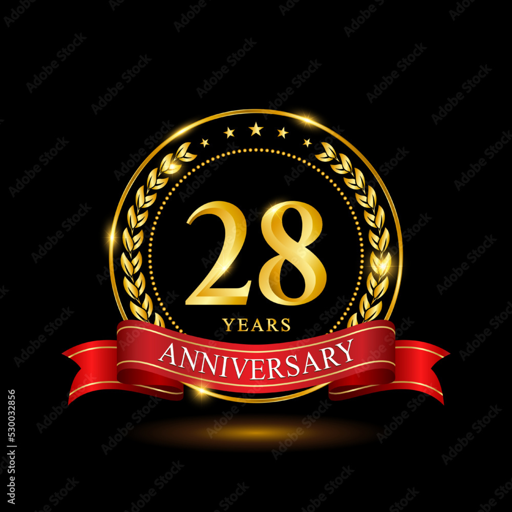 28 Years Anniversary template design, with shiny ring and red ribbon ...