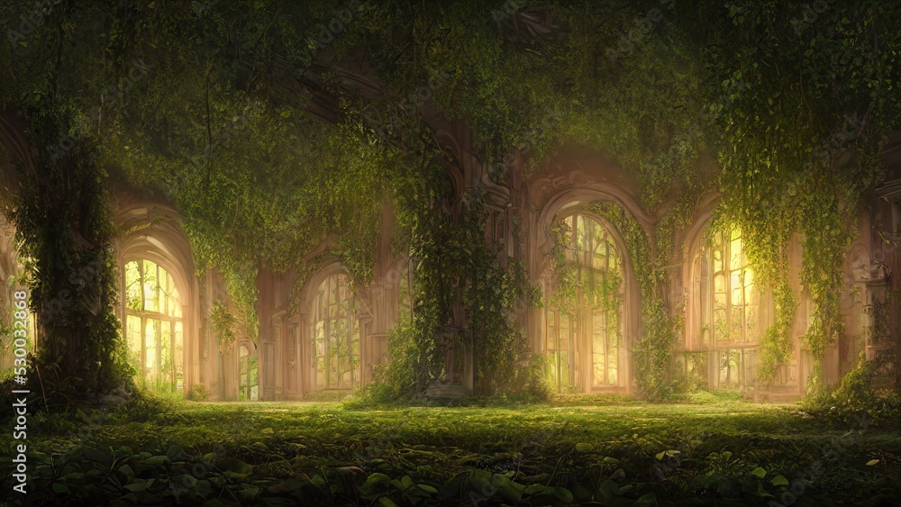 Abandoned palace castle overgrown with vegetation, ivy and vines. Empty ...