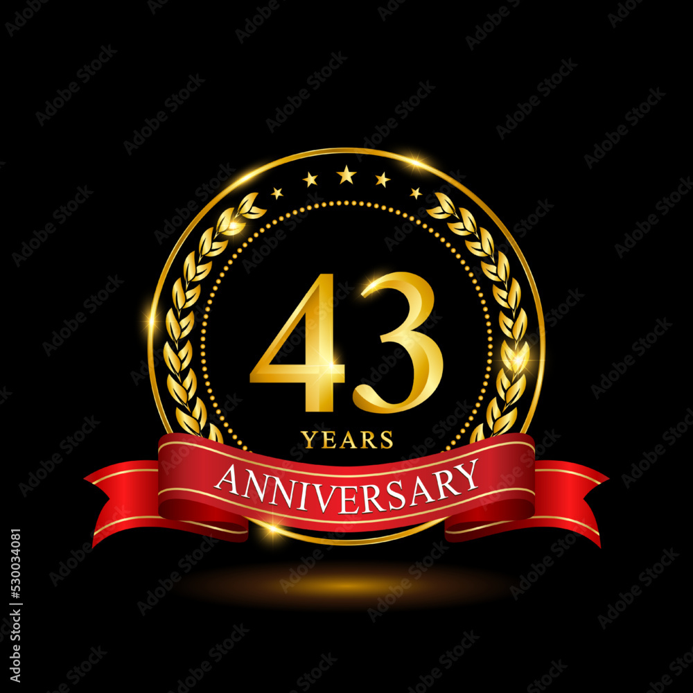 43 Years Anniversary template design, with shiny ring and red ribbon ...