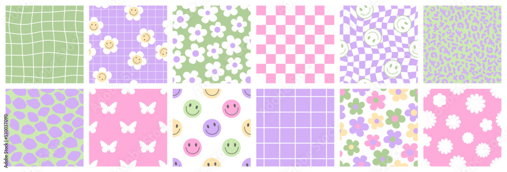 Y2k seamless patterns with butterfly, daisy, wave, chess, mesh, smile ...