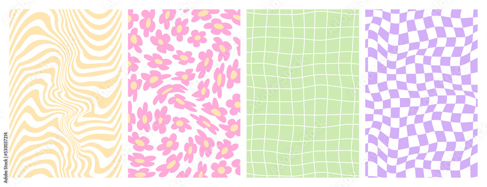 Y2k backgrounds. Waves, swirl, twirl pattern. Vector posters with daisy ...
