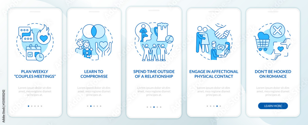 Live In Relationship Tips For Couple Blue Onboarding Mobile App Screen Walkthrough 5 Steps