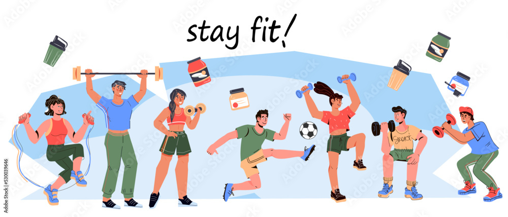 Sport active lifestyle banner concept with people doing sports, flat ...