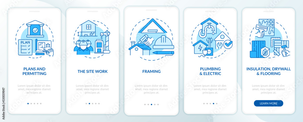 Home Building Phases Blue Onboarding Mobile App Screen Construction Walkthrough 5 Steps