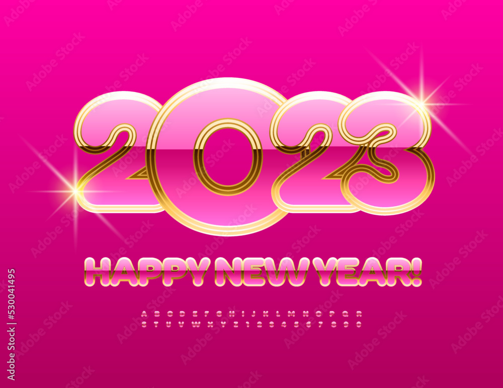 Vector stylish Greeting Card Happy New Year 2023! Chic Pink and Golden ...