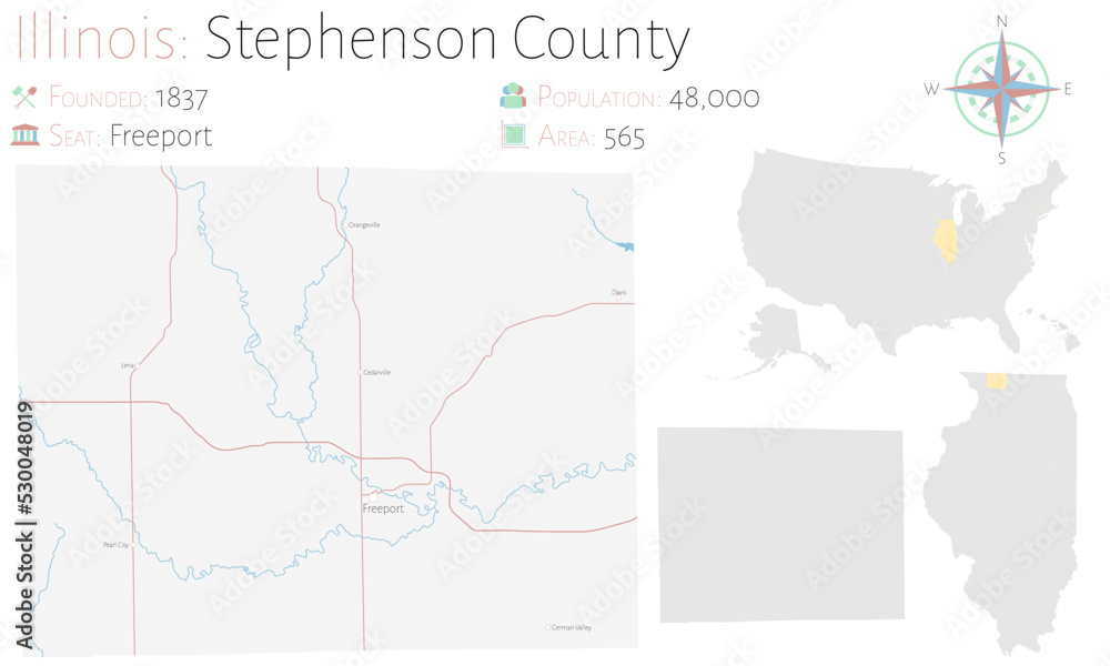 Large and detailed map of Stephenson county in Illinois, USA. Stock ...