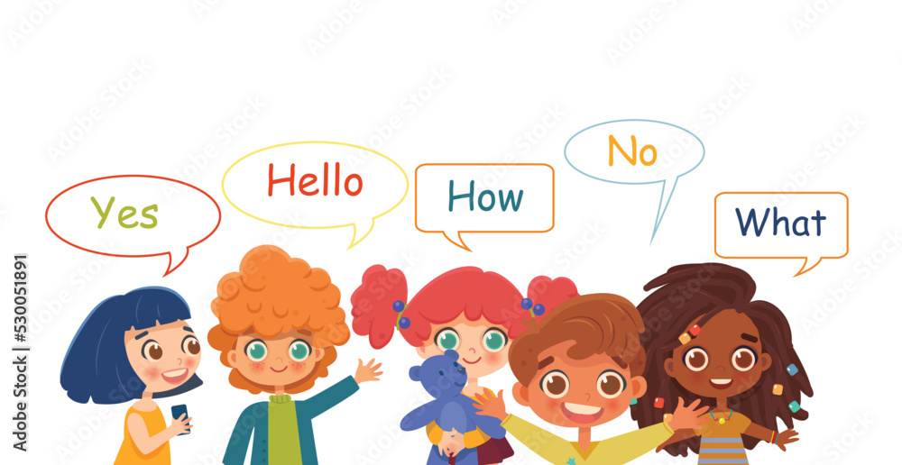 Vetor de Group of Happy children pronounce different phrases in English ...