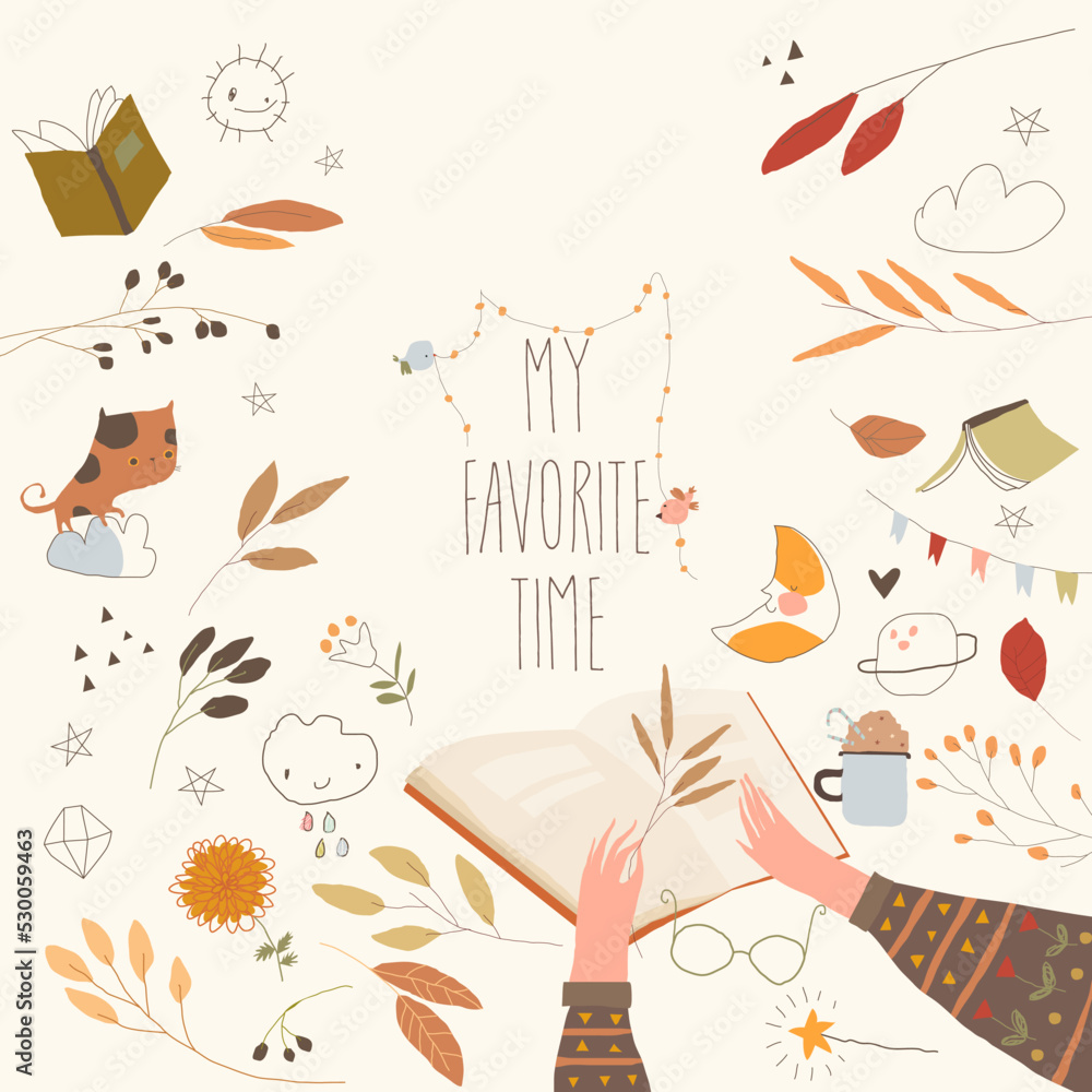 Cartoon Hands with Book and Autumn Leaves Stock Vector | Adobe Stock