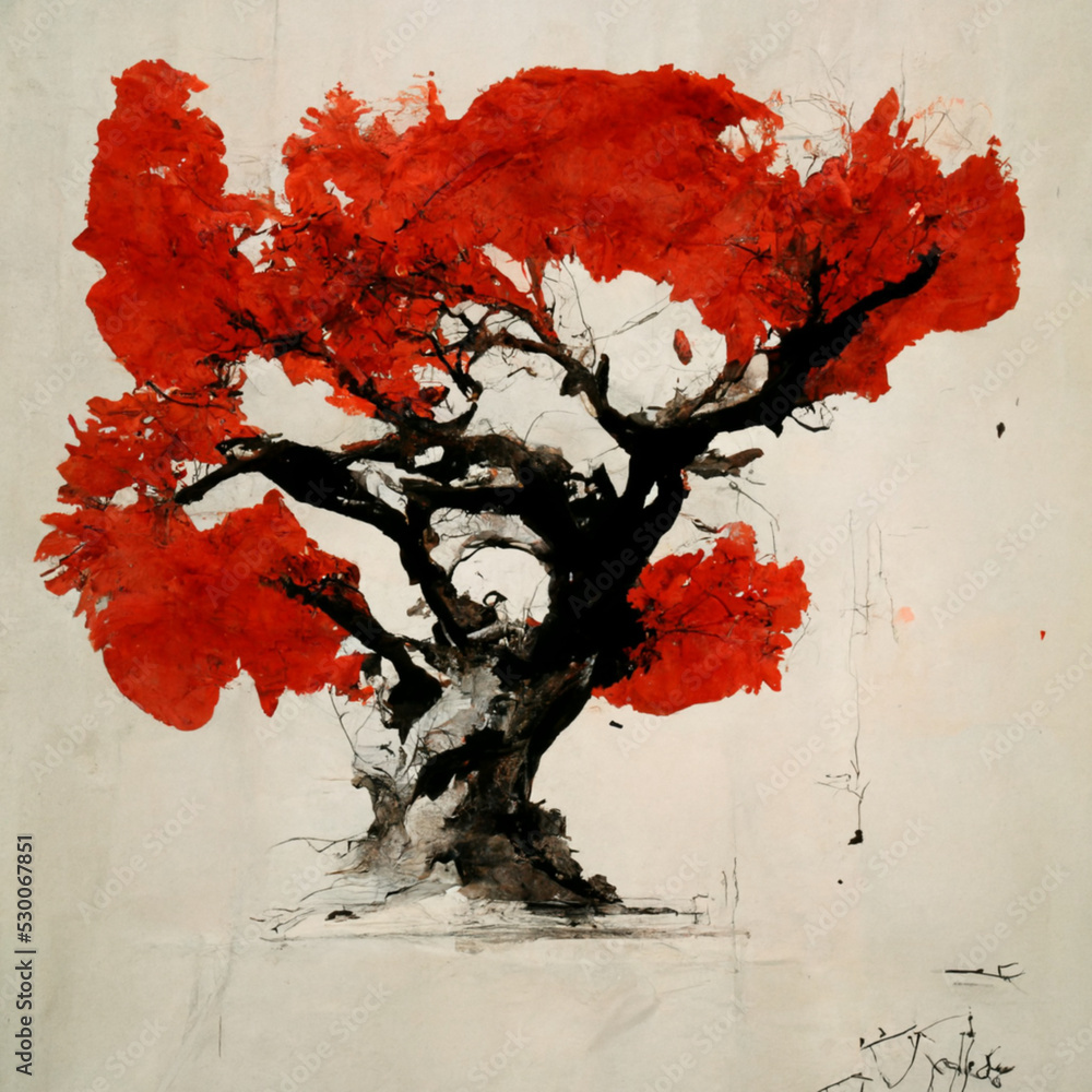 Stylistic Japanese painting of a tree, red and black on white background, digital art Stock ...