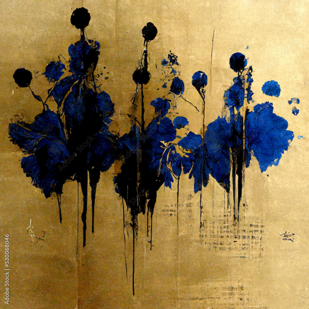 Abstract japanese painting of royal blue flowers on gold beige paper ...