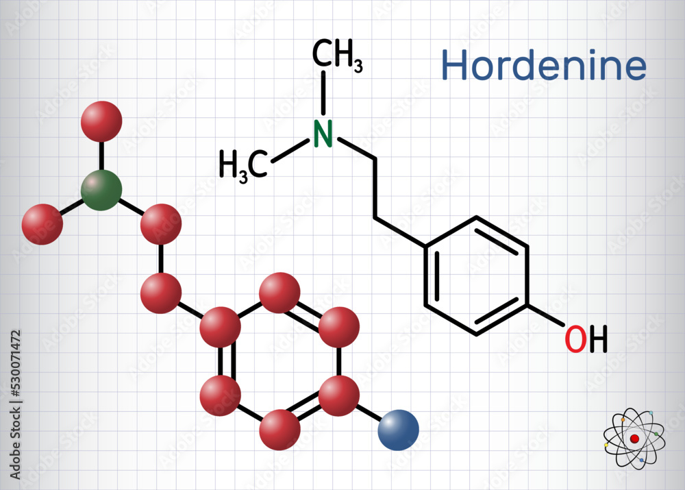Hordenine, dimethyltyramine class, molecule. It is phenethylamine ...