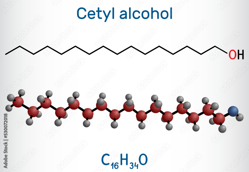 Cetyl alcohol, palmityl alcohol molecule. Used in cosmetic industry, as ...