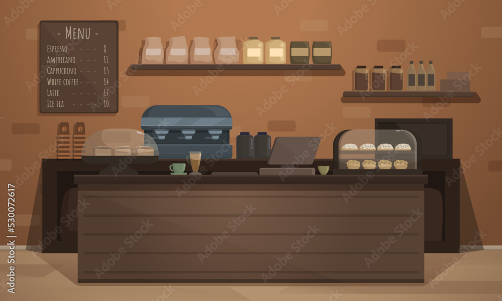 coffee shop interior with equipment and counter, vector illustration ...