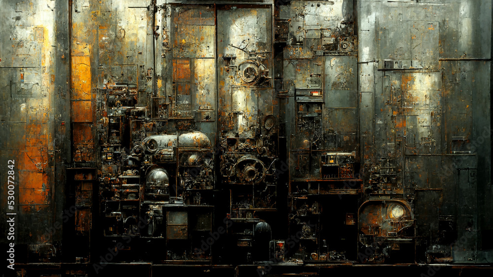 Grunge metal steampunk wall with mechanism and metal. Abstract texture ...