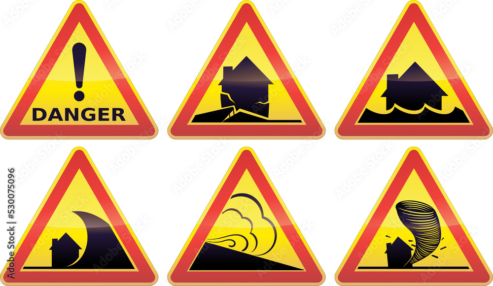 Collection of temporary natural disasters hazard yellow red and black ...