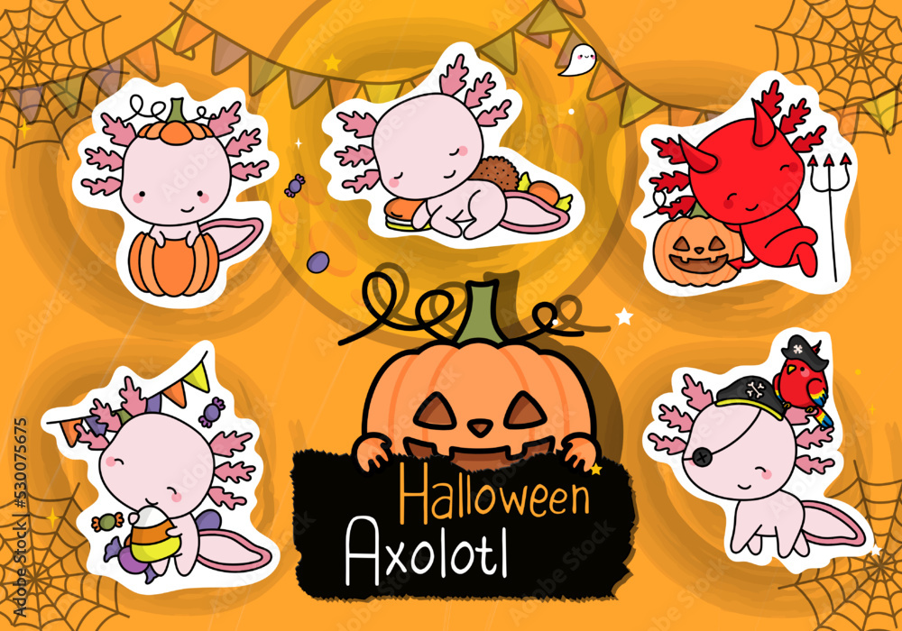 Cute Halloween Stickers. Set of Cute Halloween Axolotl Clipart ...